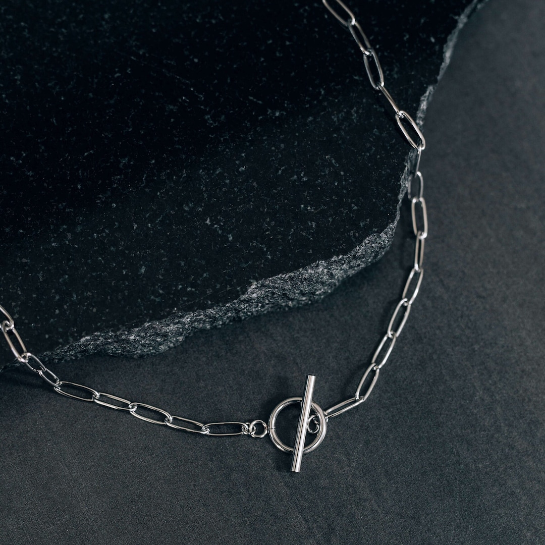 Silver Toggle Necklace Paperclip Chain / Stainless Steel Waterproof ...