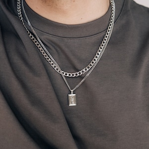 Silver Rectangle Pendant Necklace for Men / Stainless Steel Non Tarnish ...