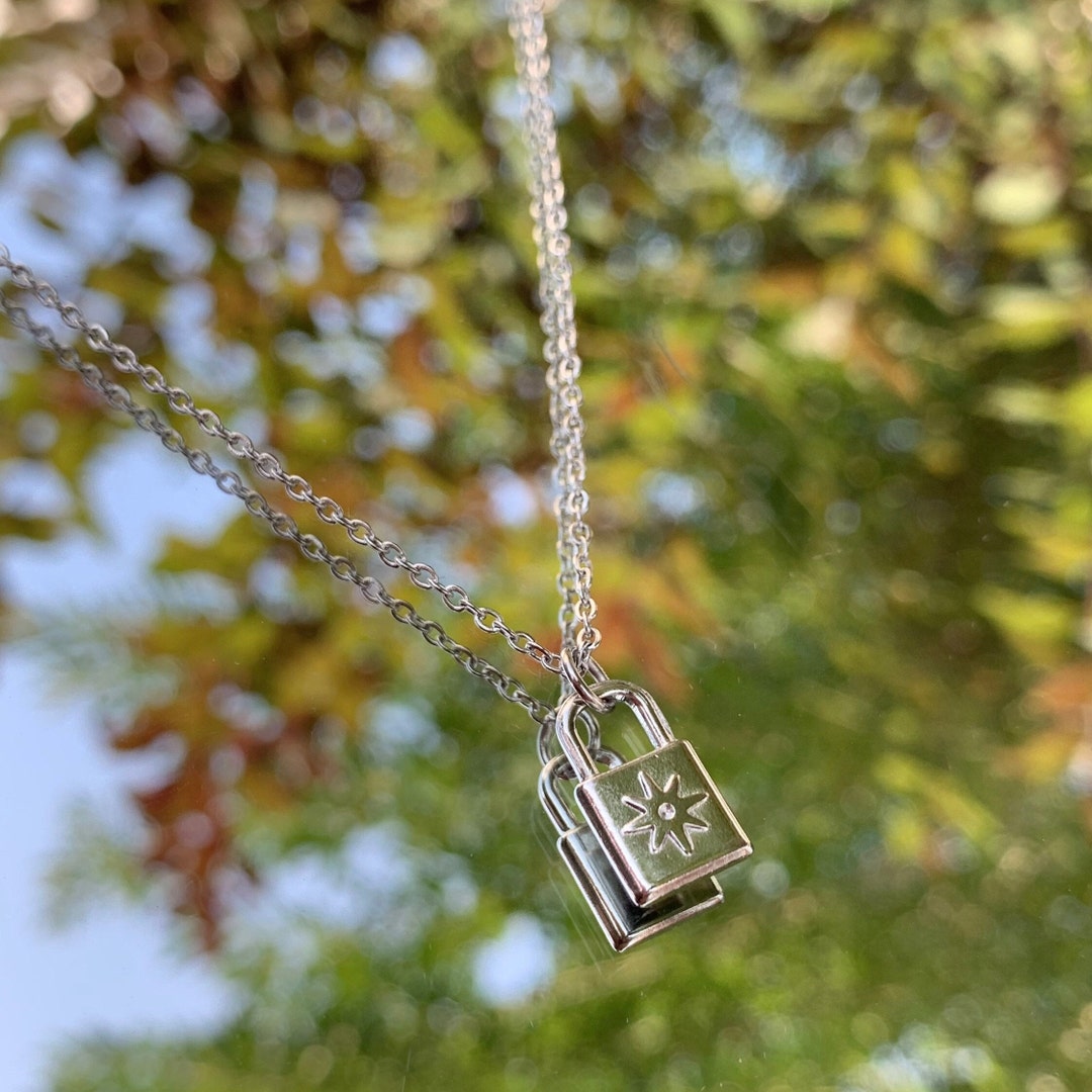 Dainty silver lock pendant necklace for women / stainless steel water ...