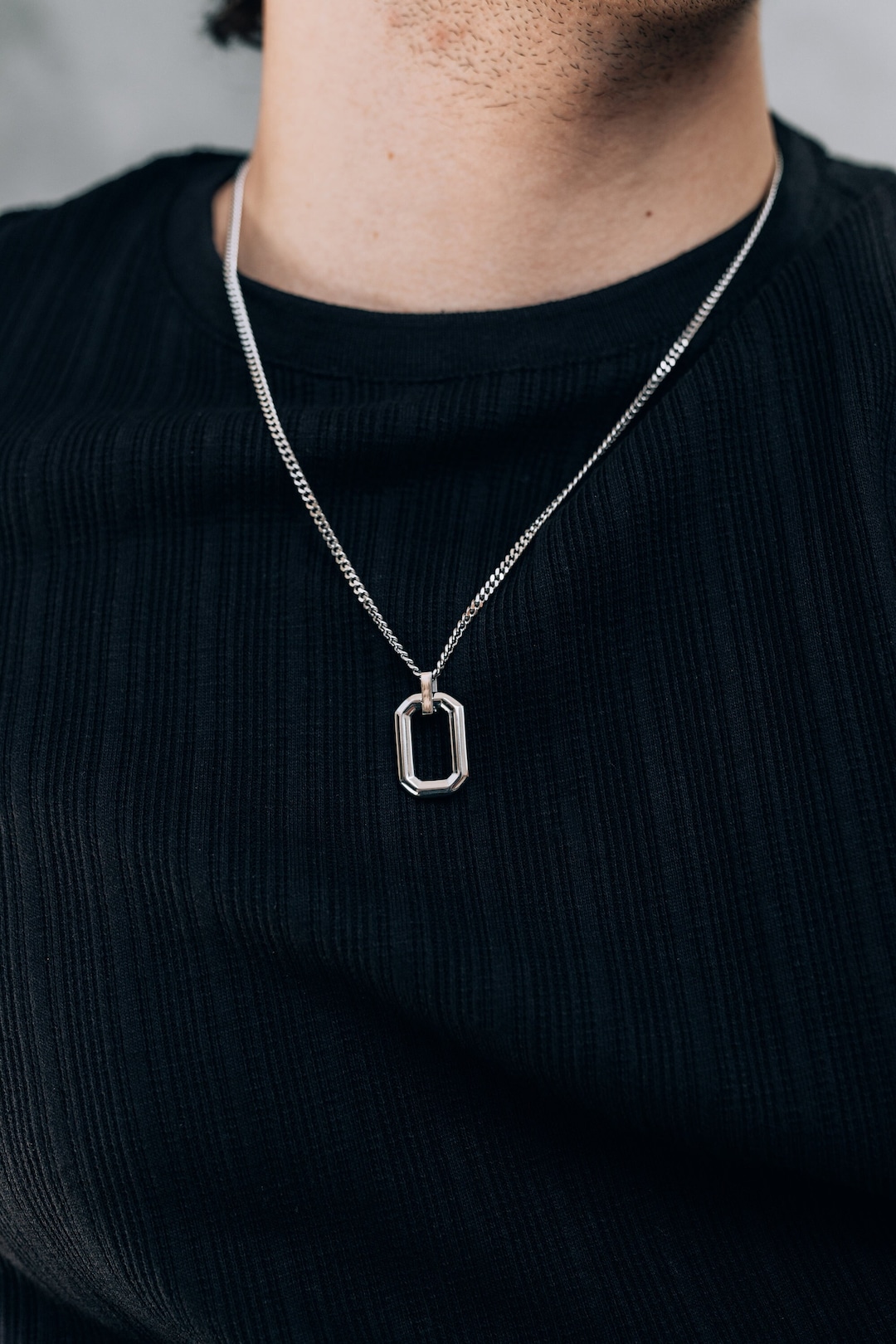 Men's Silver Oval/rectangle Pendant Necklace, Stainless Steel Non ...