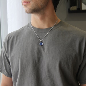 Men's Silver Pendant Necklace / Stainless Steel Water Safe Blue Square ...