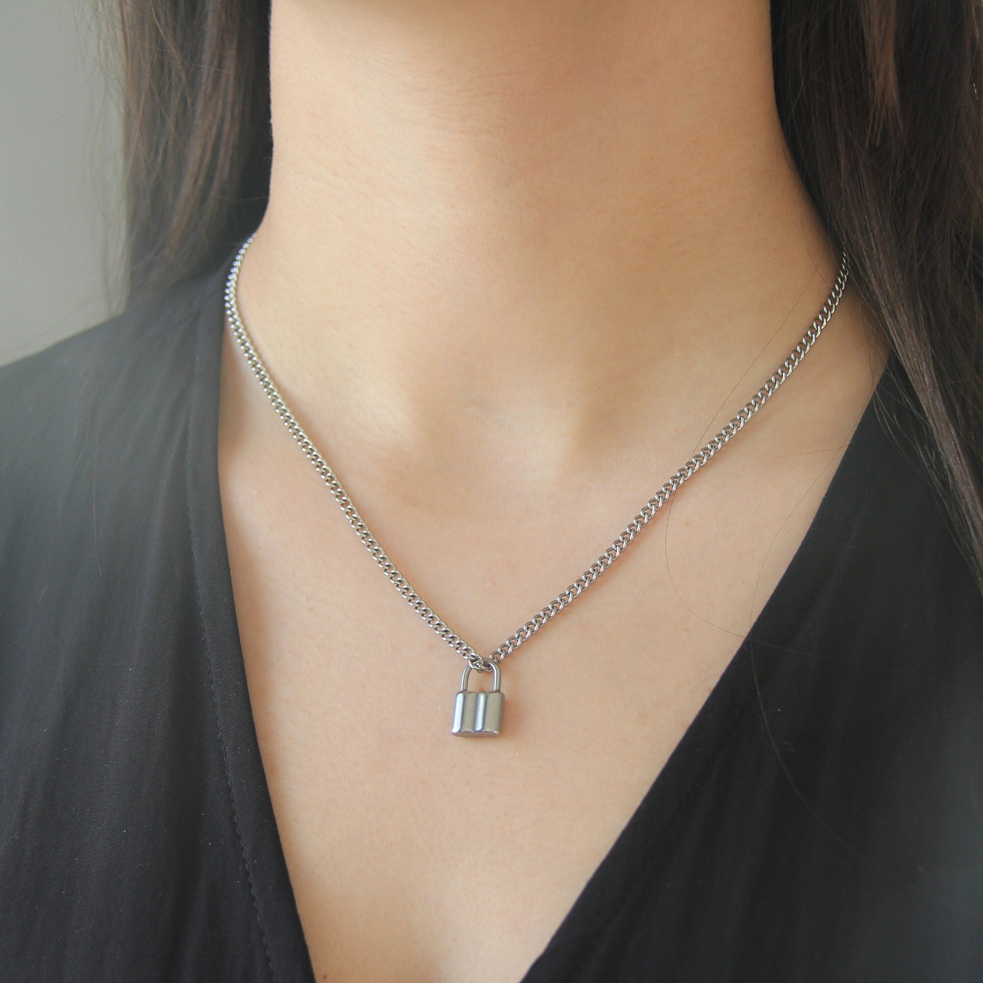 Silver lock pendant necklace for men or women stainless steel water safe 3mm curb chain and padlock charm men s necklace gift for him Etsy