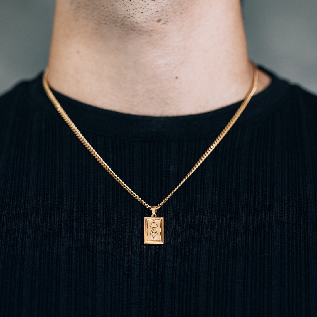 Men's Gold Rectangle Pendant Necklace / Stainless Steel Water Safe Gold ...
