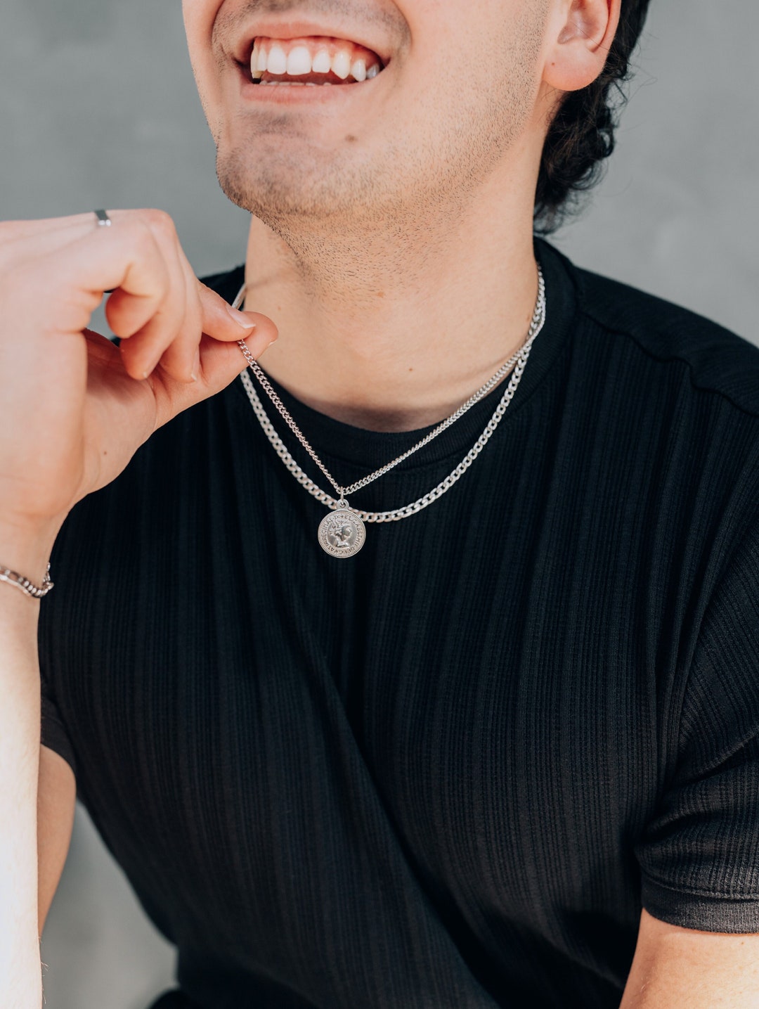 Silver Necklace Set for Men / Men's 4mm Chain and Coin Pendant Necklace ...
