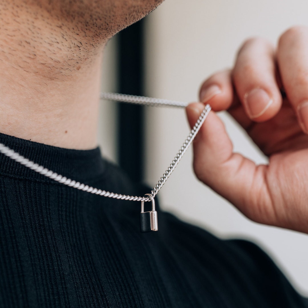 Silver Lock Pendant Necklace for Men or Women / Stainless Steel Water ...