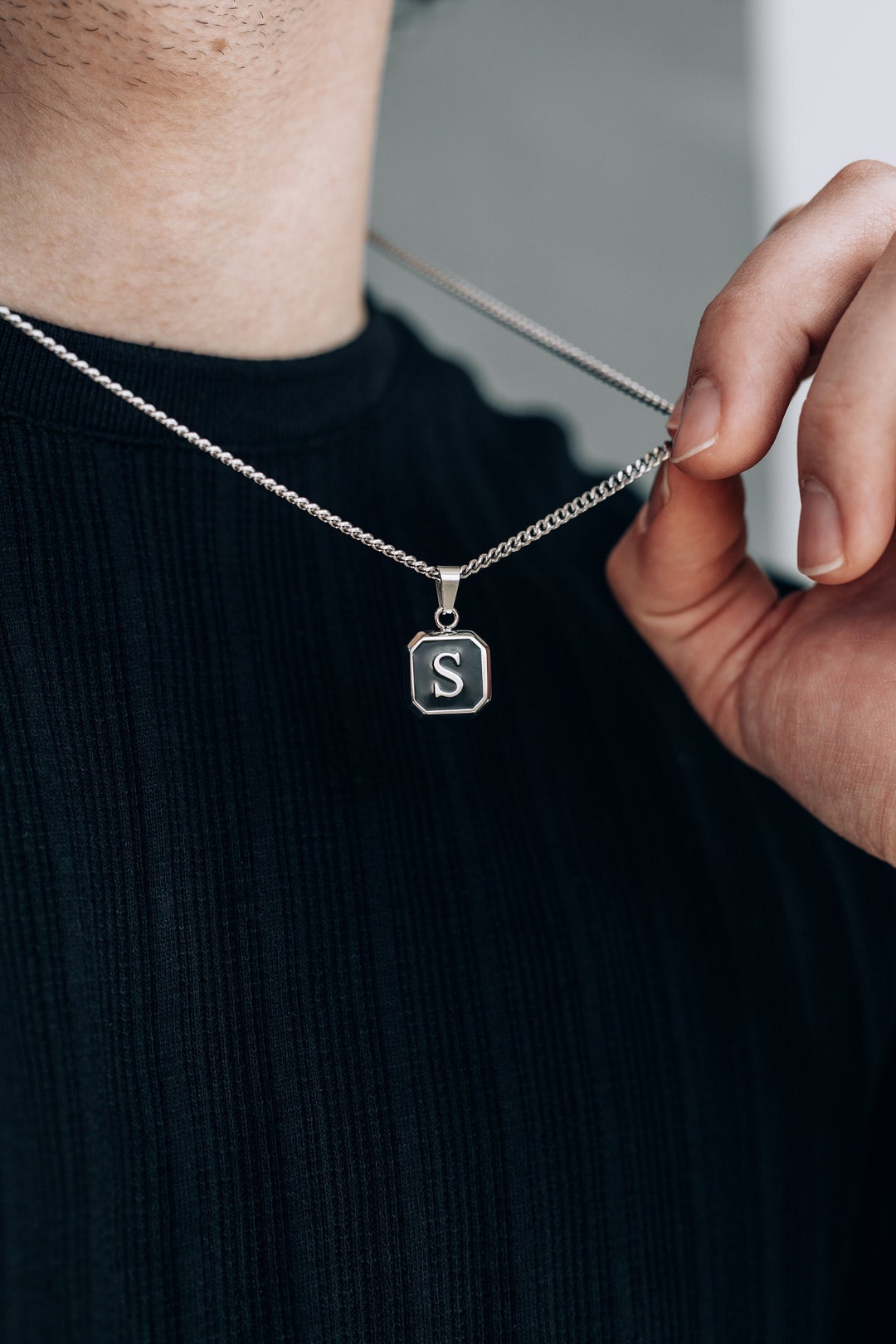 Men's Silver Initial Necklace / Waterproof Stainless Steel Black Square ...