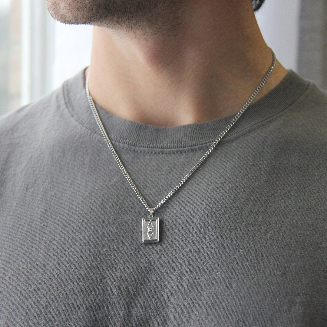 Silver Rectangle Pendant Necklace for Men / Stainless Steel Non Tarnish ...