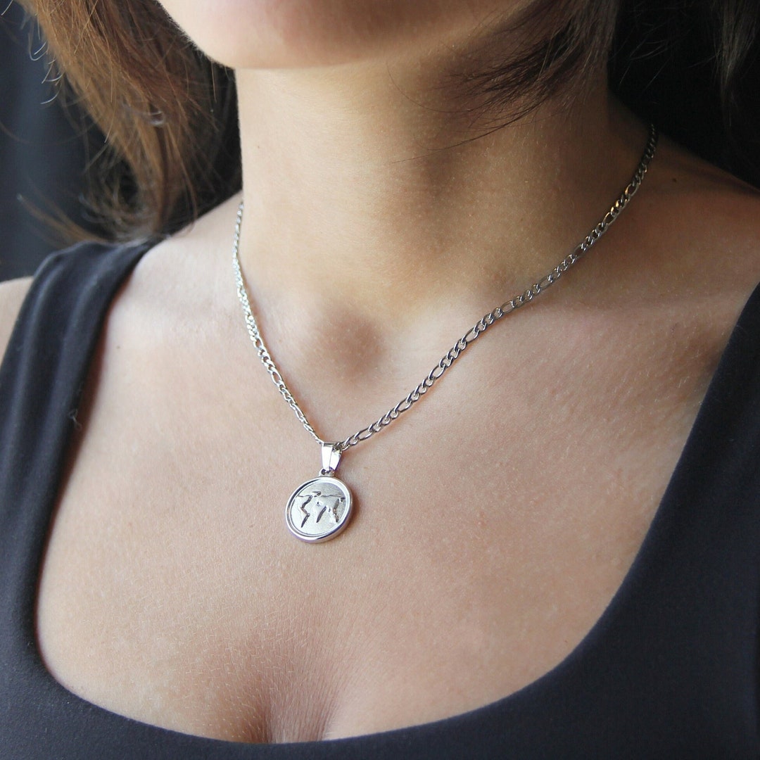 Silver World Map Pendant Necklace for Men or Women / Stainless Steel ...