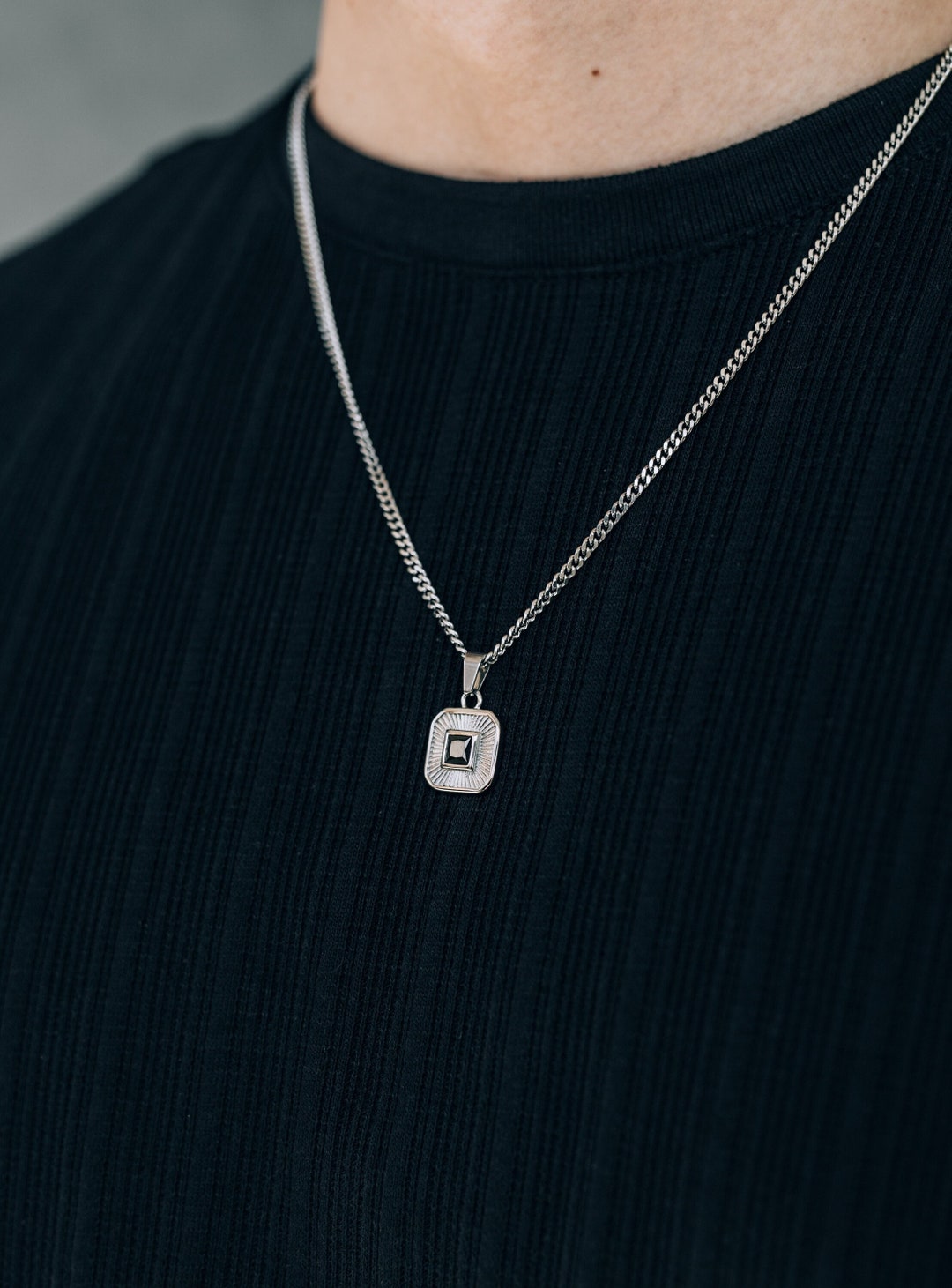 Men's Silver Square Pendant Necklace With Black Cubic Zirconia ...