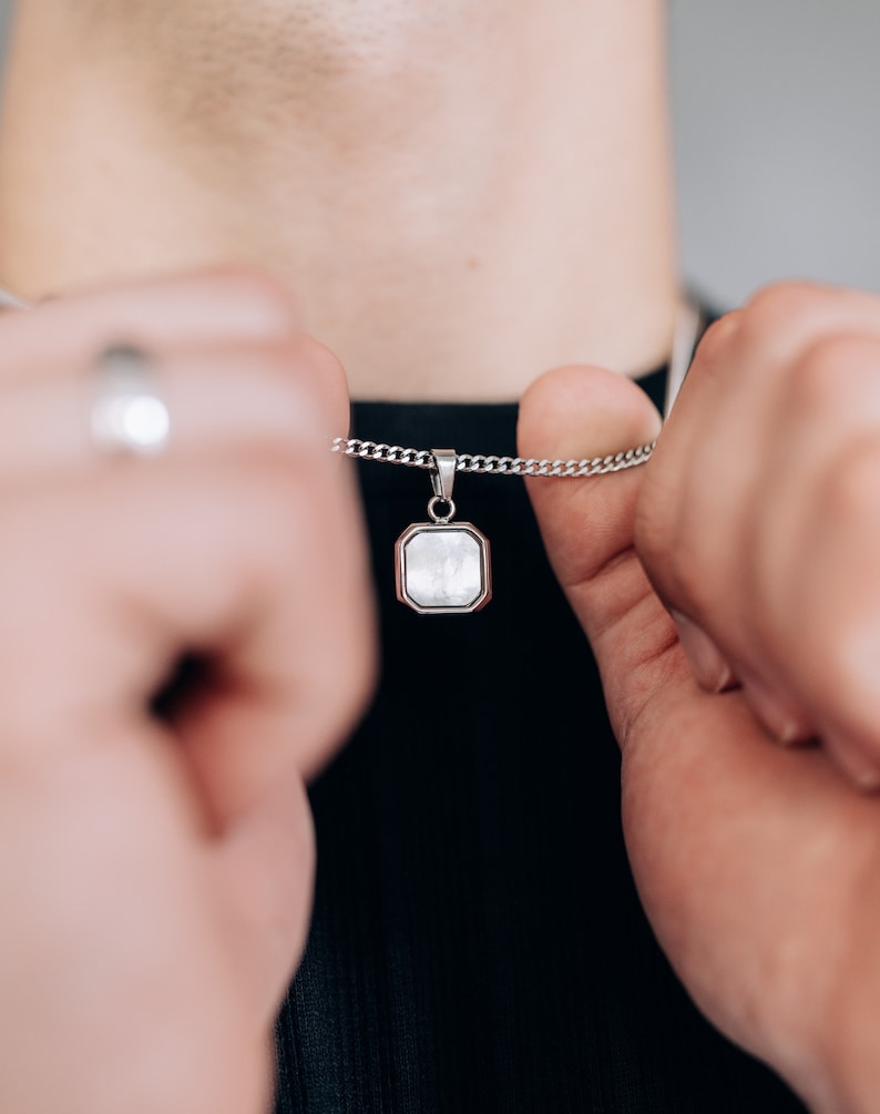 Men's Silver White Square Pendant Necklace / Stainless Steel Waterproof ...