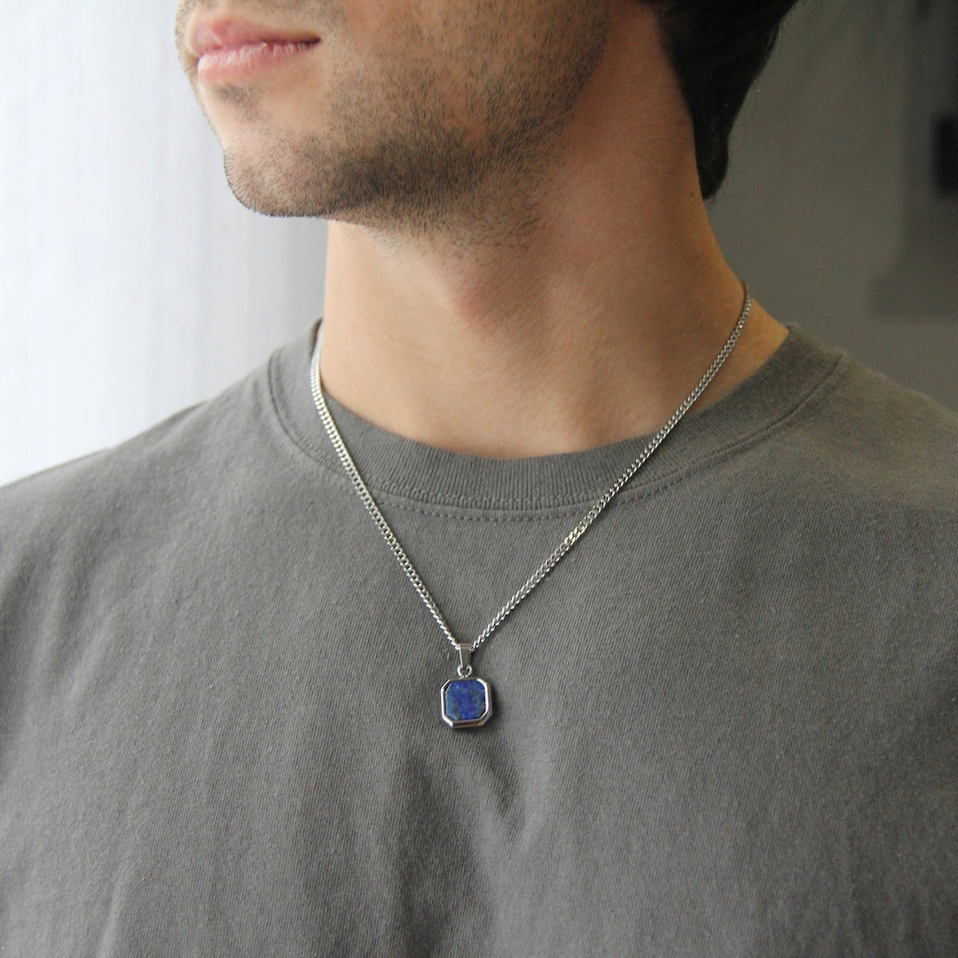 Men's Silver Pendant Necklace / Stainless Steel Water Safe Blue Square ...