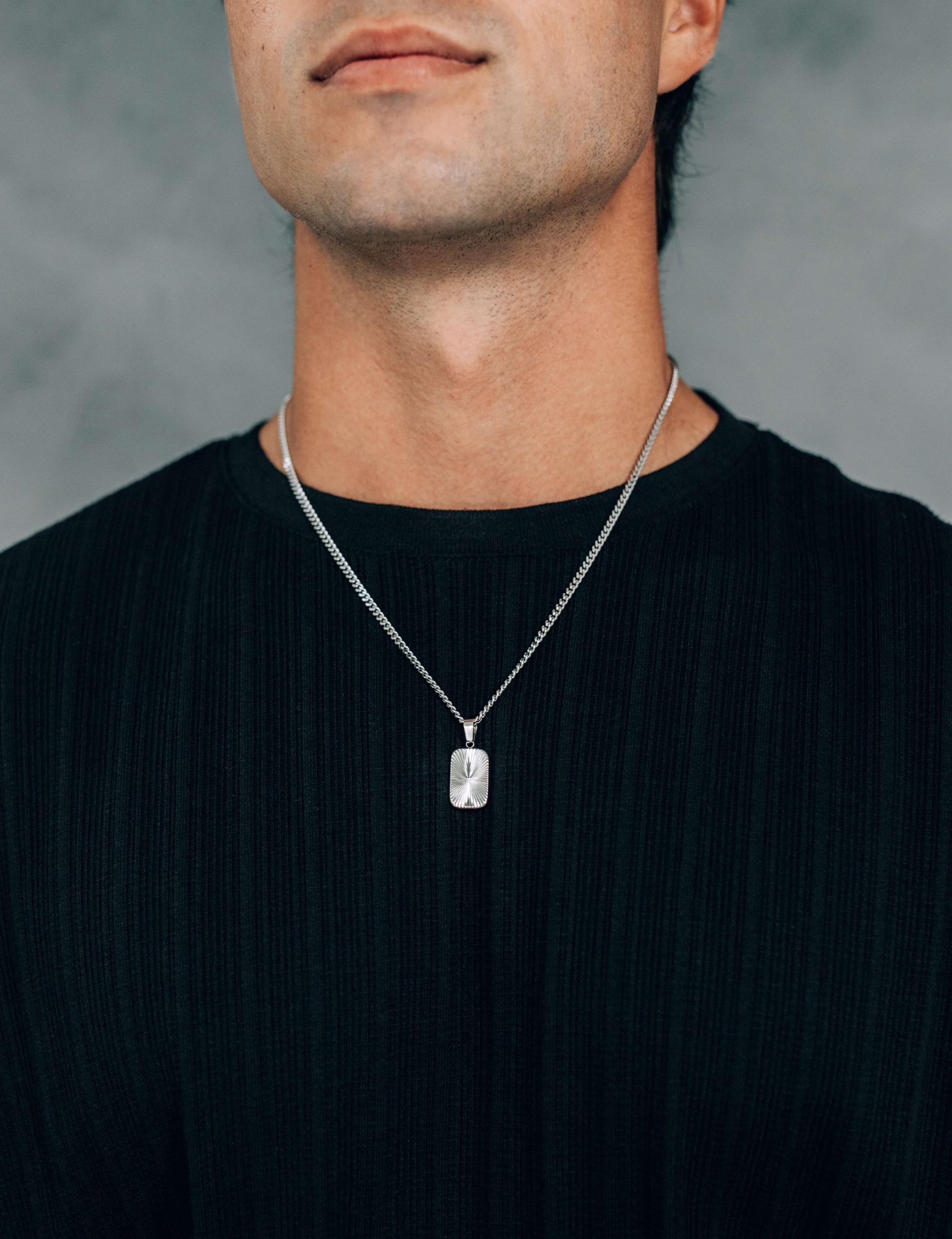 Silver Stainless Steel Rectangle Pendant Necklace for Men or Women ...