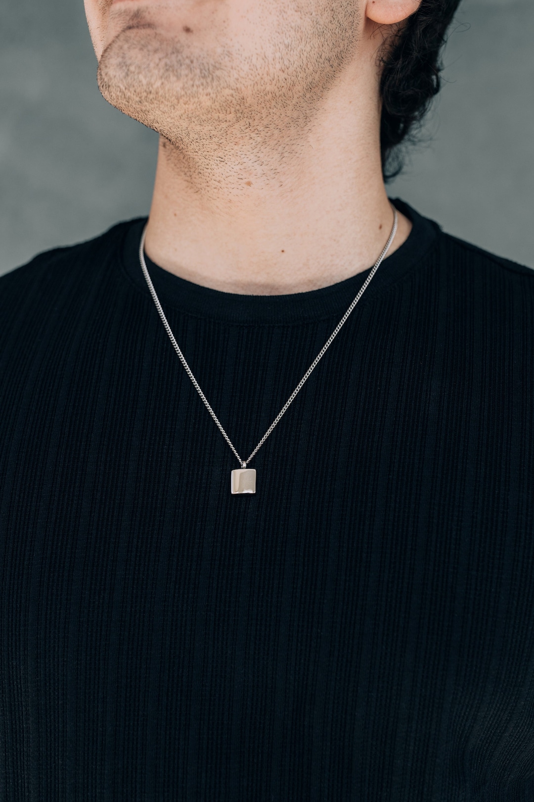 Silver Square Pendant Necklace for Men / Stainless Steel Water Safe Non ...