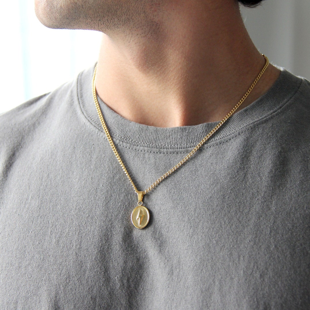 Men's Gold Pendant Necklace / Stainless Steel Lightning Bolt Pendant ...