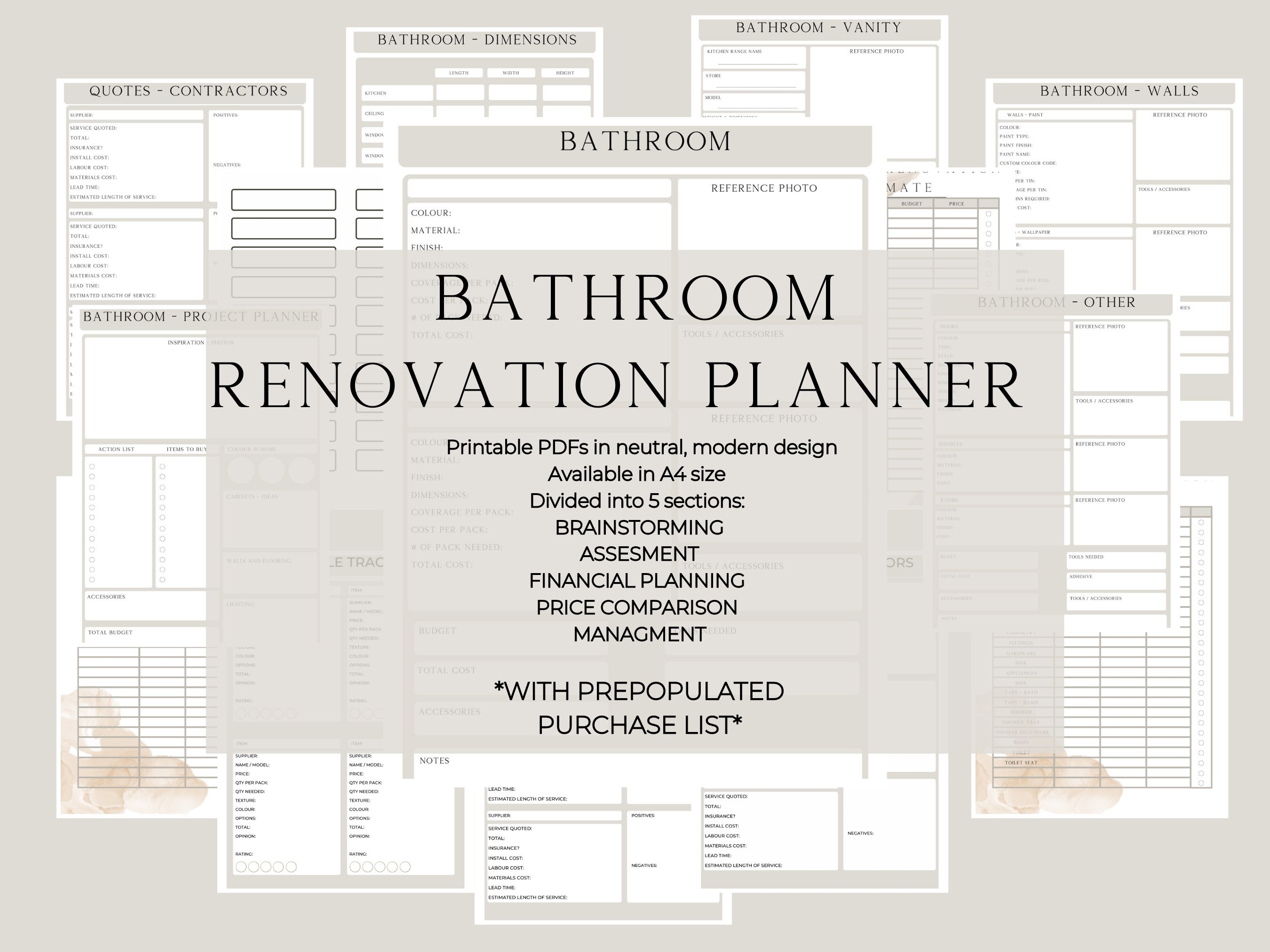 Bathroom Renovation Planner, Printable Guide, Bathroom Improvement ...