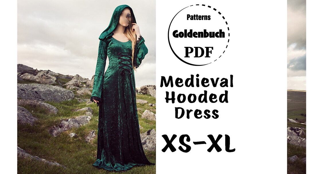 XS-XL Medieval Dress PDF Sewing Pattern Renaissance Hooded Gown A-line ...