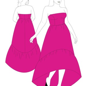 XS-XL Strapless Dress PDF Sewing Pattern High Low Prom Gown Open ...
