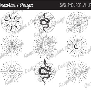 Sacred Sun Design Collection Vector Set Linear Mystical Symbol Tattoo ...