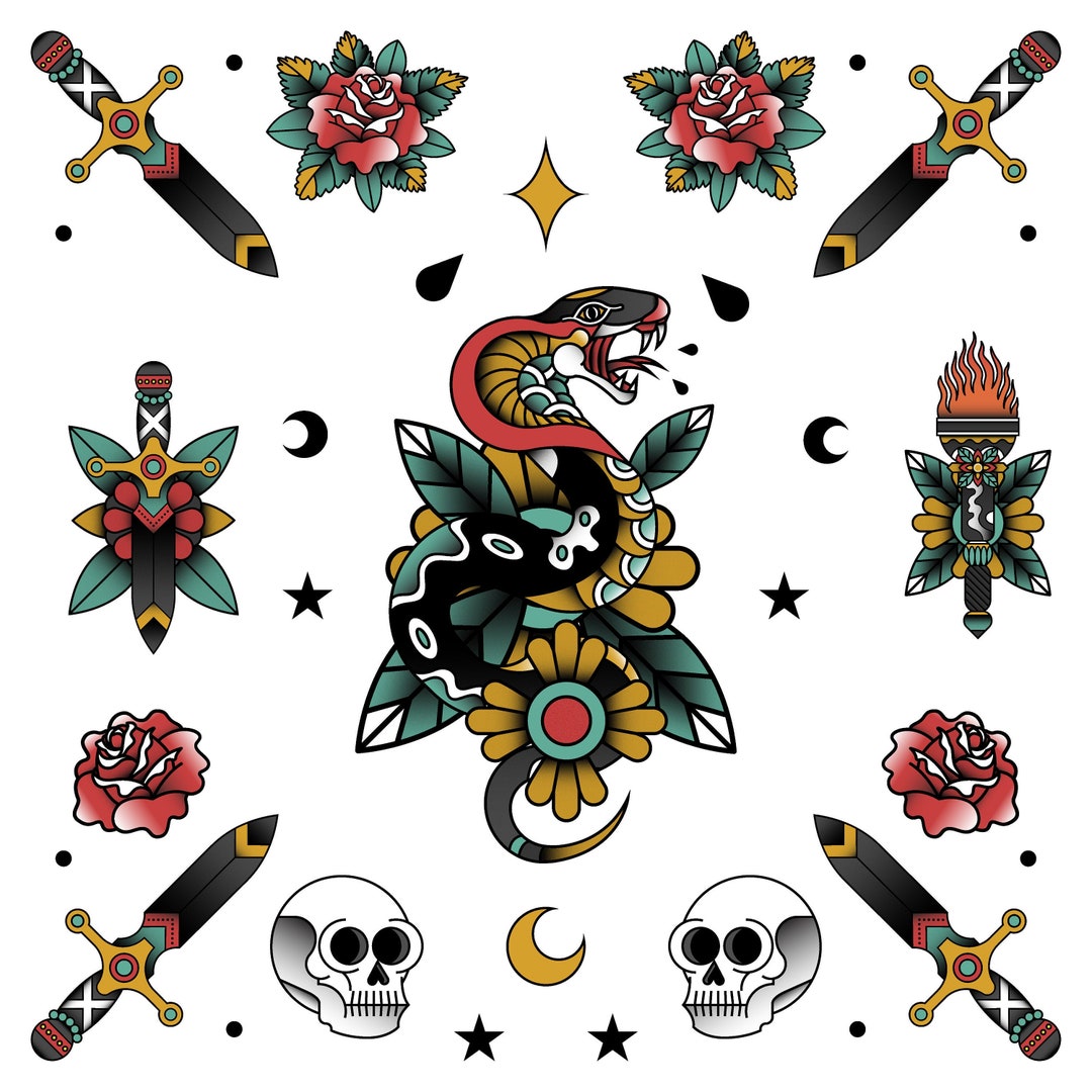 Sailor Jerry Old School Snake Dagger Tattoo Sheet SVG Stylized CRICUT ...