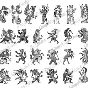 Mythical Animals Collection Set SVG Designs PNG Heraldry Griffin Dragon ...