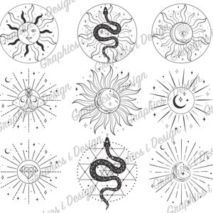 Sacred Sun Design Collection Vector Set Linear Mystical Symbol Tattoo ...