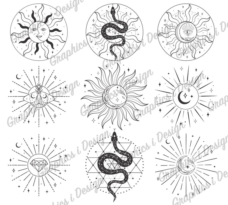 Sacred Sun Design Collection Vector Set Linear Mystical Symbol Tattoo ...