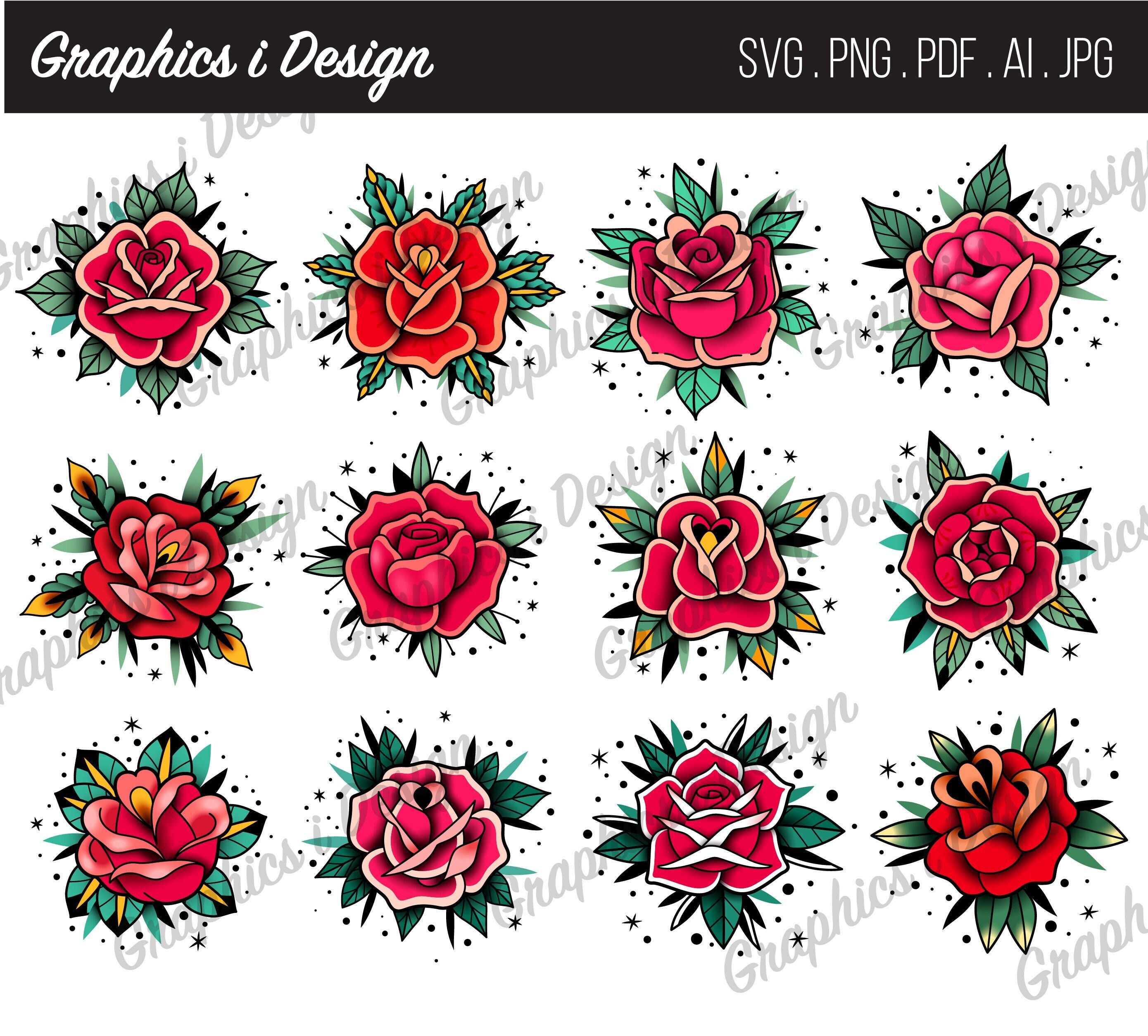 Red Rose Tattoo Design Collection Neo Traditional SVG Stylized Clipart ...