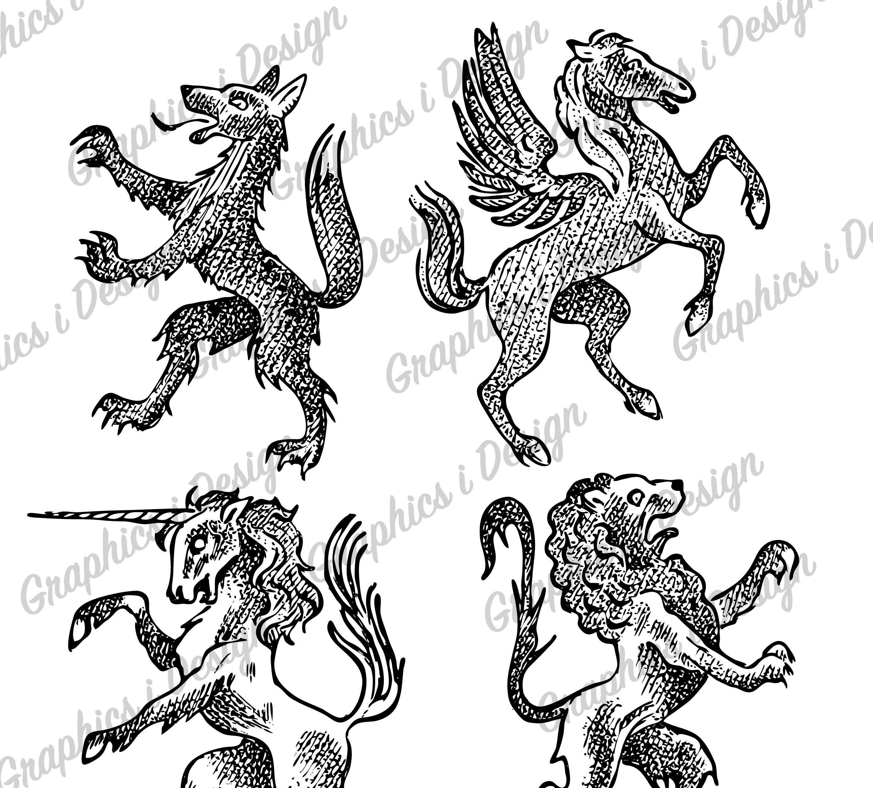 Mythical Animals Collection Set SVG Designs PNG Heraldry Griffin Dragon ...