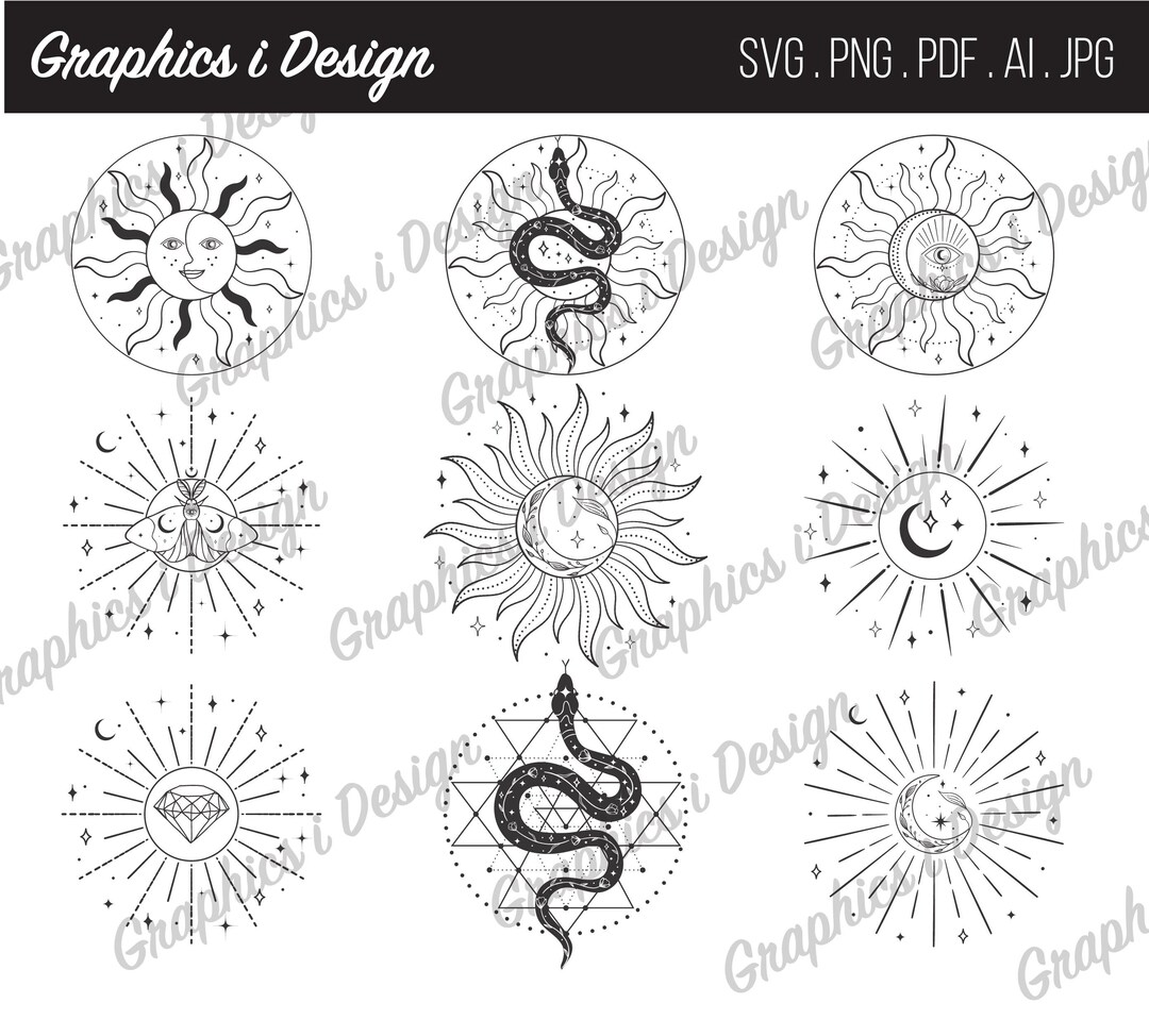 Sacred Sun Design Collection Vector Set Linear Mystical Symbol Tattoo ...