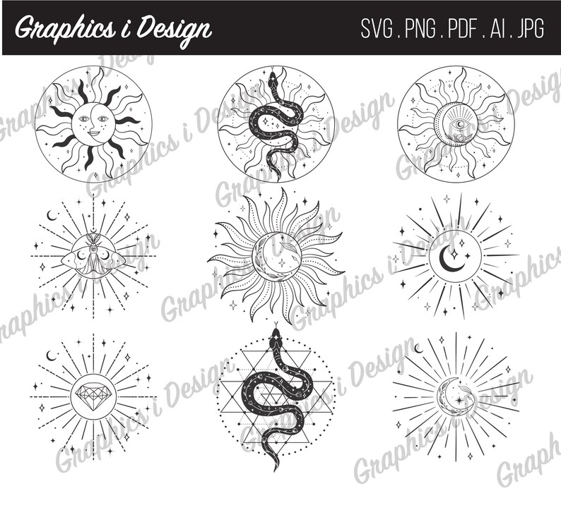 Sacred Sun Design Collection Vector Set Linear Mystical Symbol Tattoo ...