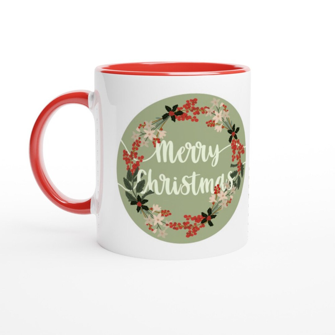 Floral Wreath Merry Christmas Mug Design With Red Interior and Handle ...