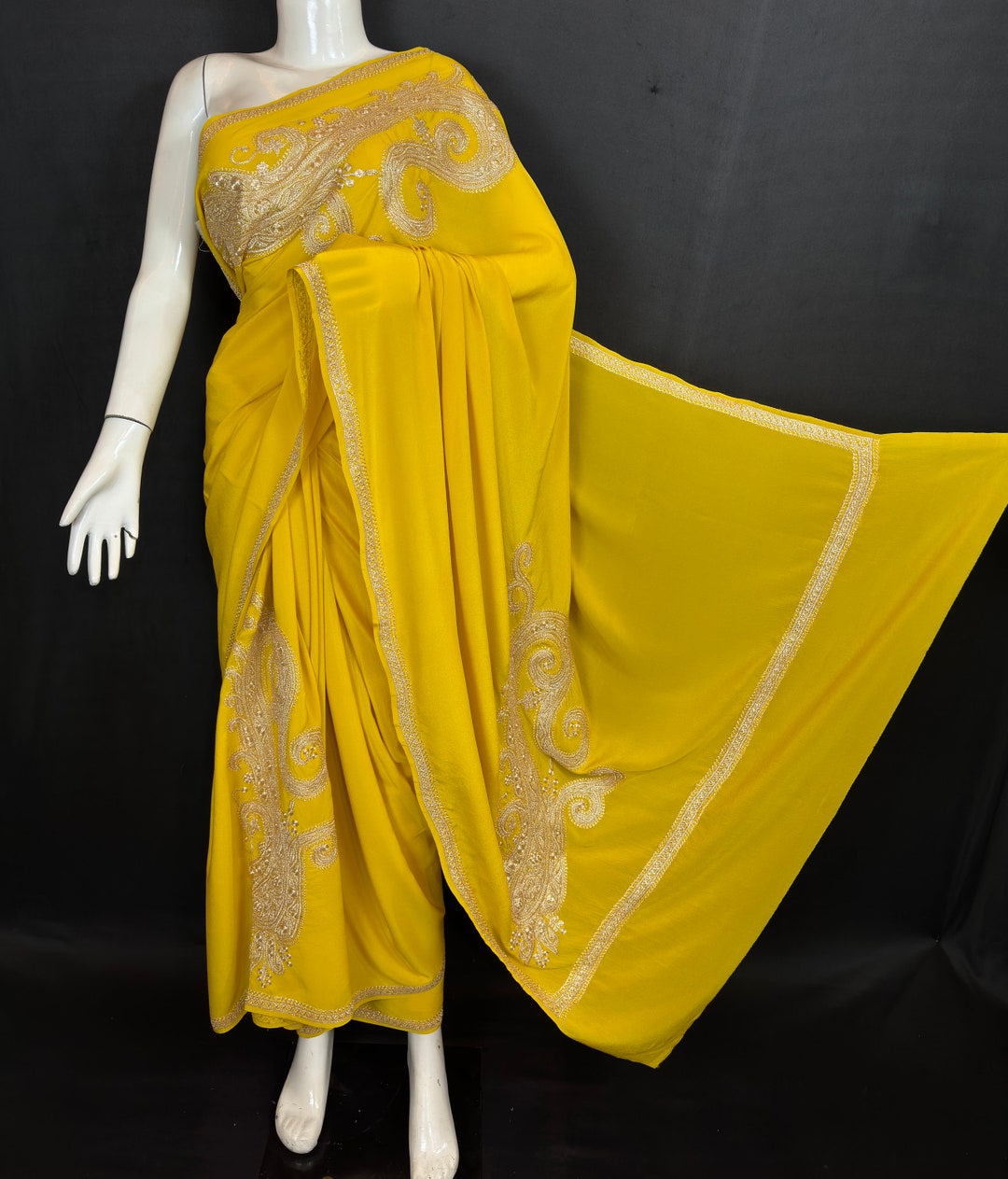 Kashmir Saree With Luxury Light Gold Tilla Hand Embroidery, 3 Long ...