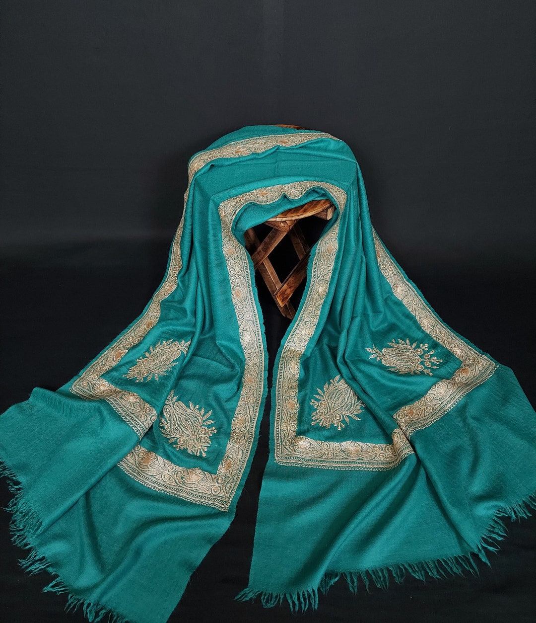 28x80 Gold Hand Tilla Turquoise Blue Pashmina Stole , Handmade in ...