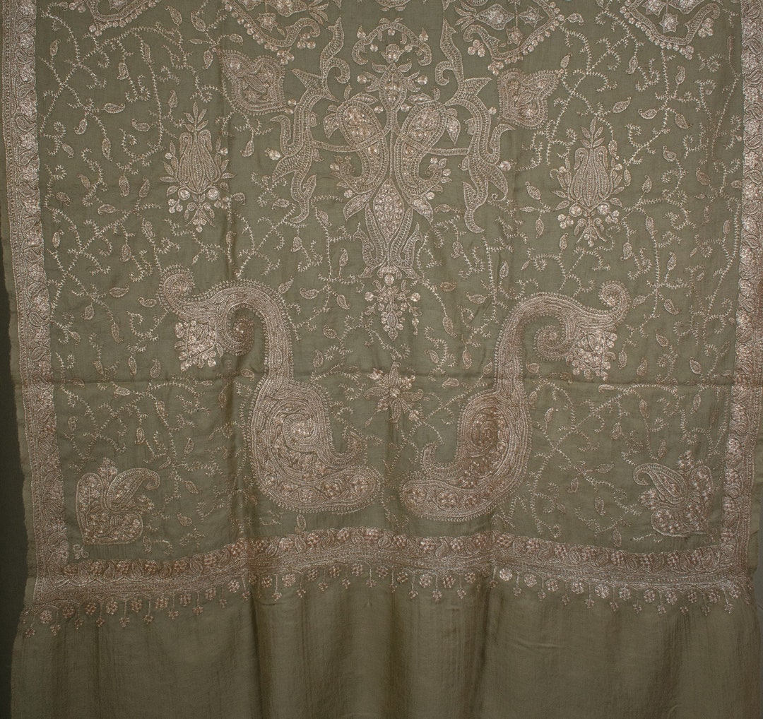 40x80 Pure Pashmina Gold Tilla Hand Embroidered Shawl, Tilla Zari Work ...