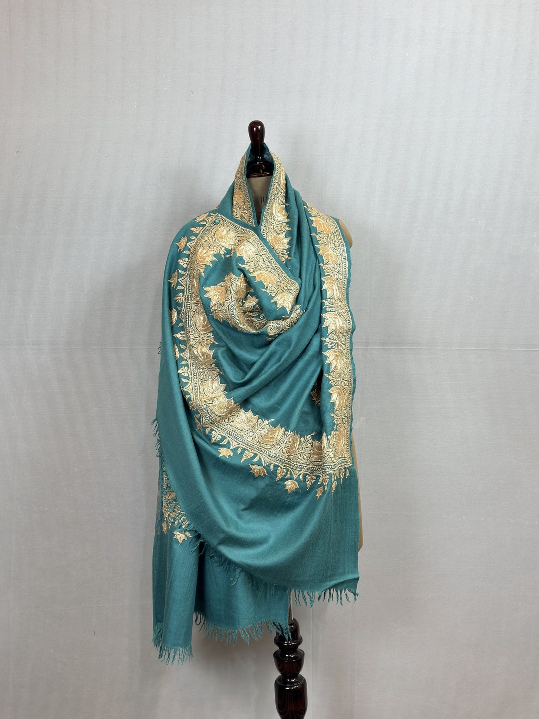 40x80" Light Golden Tilla Hand Embroidery Pure Pashmina Shawl in ...
