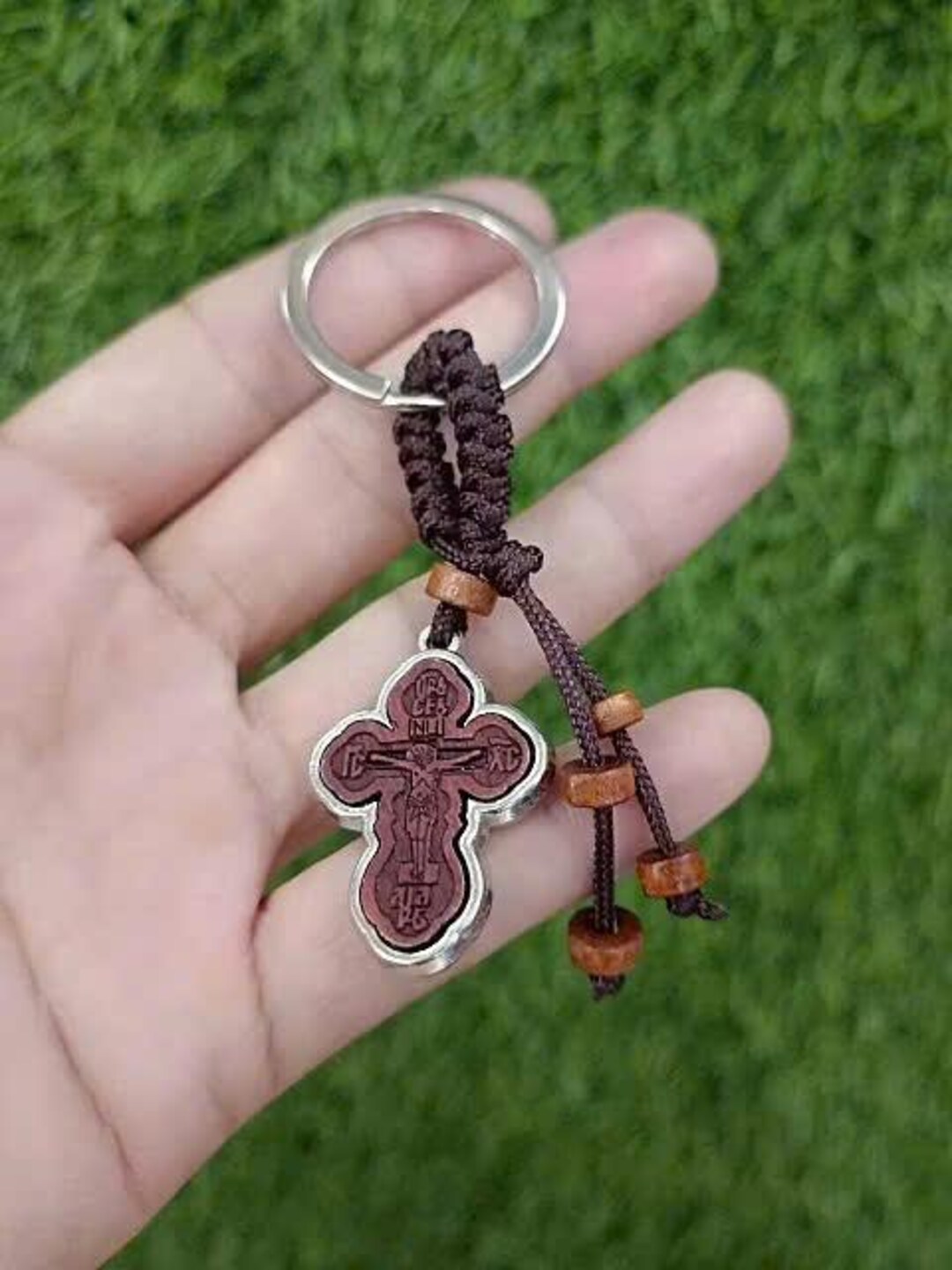 Wooden Crucifix Keychain | Stainless Steel Frame, Braided Cord - Etsy