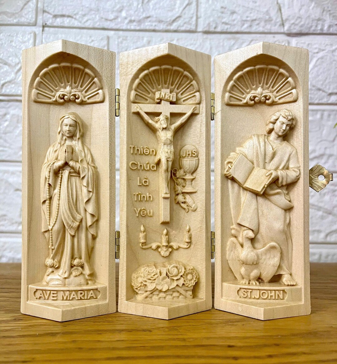 Hand Carved Wooden Triptych, Virgin Mary, Jesus, St. John - Etsy