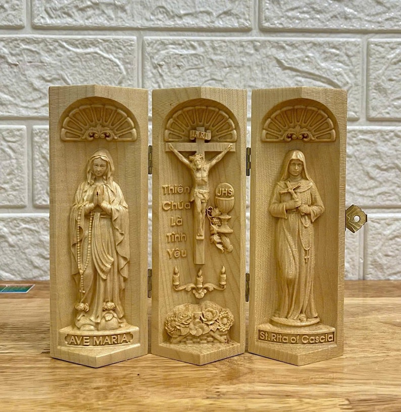 Wooden Triptych, Saint Rita, Virgin Mary, Folding Catholic Altar - Etsy