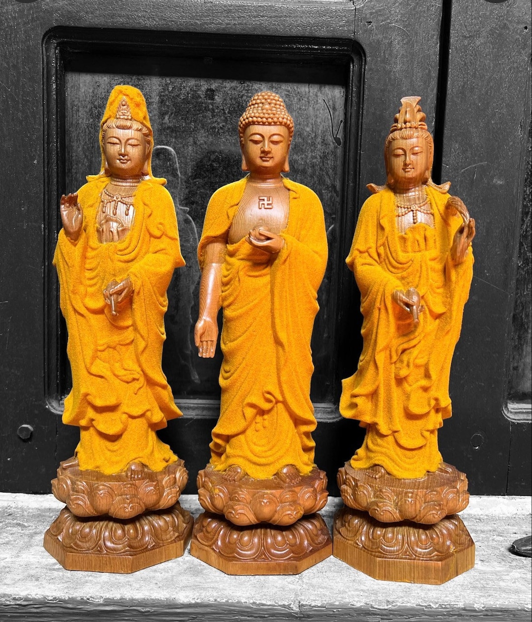 Wooden Western Three Holy Buddha Statues, Handmade Three Buddha Statues ...