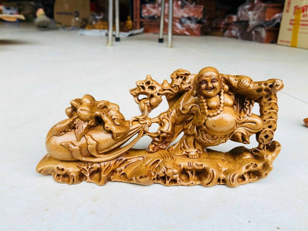 Carved Wooden Maitreya Buddha Statue Pulling Money Bag, Smiling ...