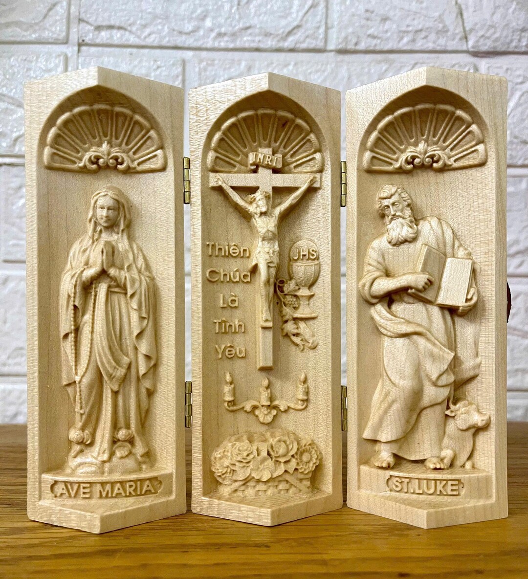 Wooden Triptych, Saint Luke, Virgin Mary, Crucifix, Folding Altar ...