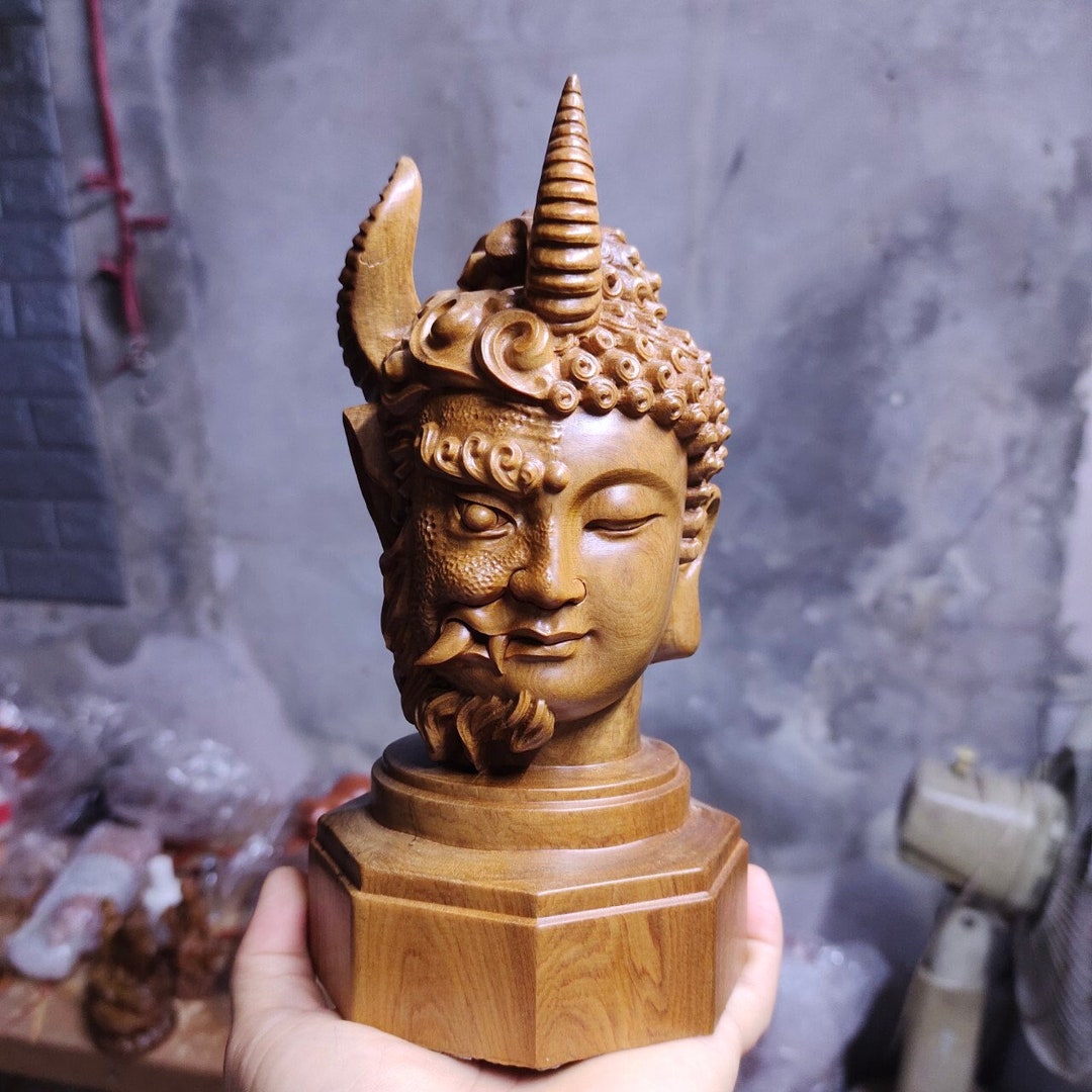 Half Good Half Evil Wooden Statue Head, Good and Evil Face Handcrafted ...