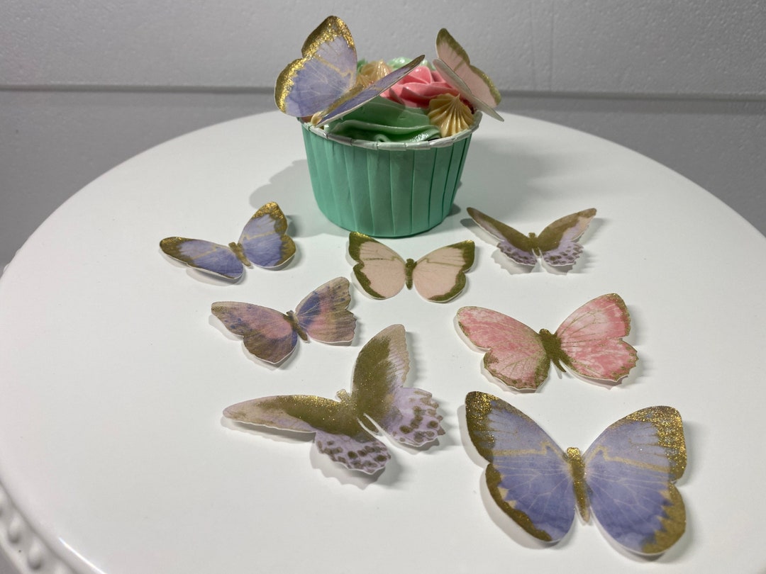 Handmade Pink & Purple Wafer Butterflies With Gold: Edible Cake ...