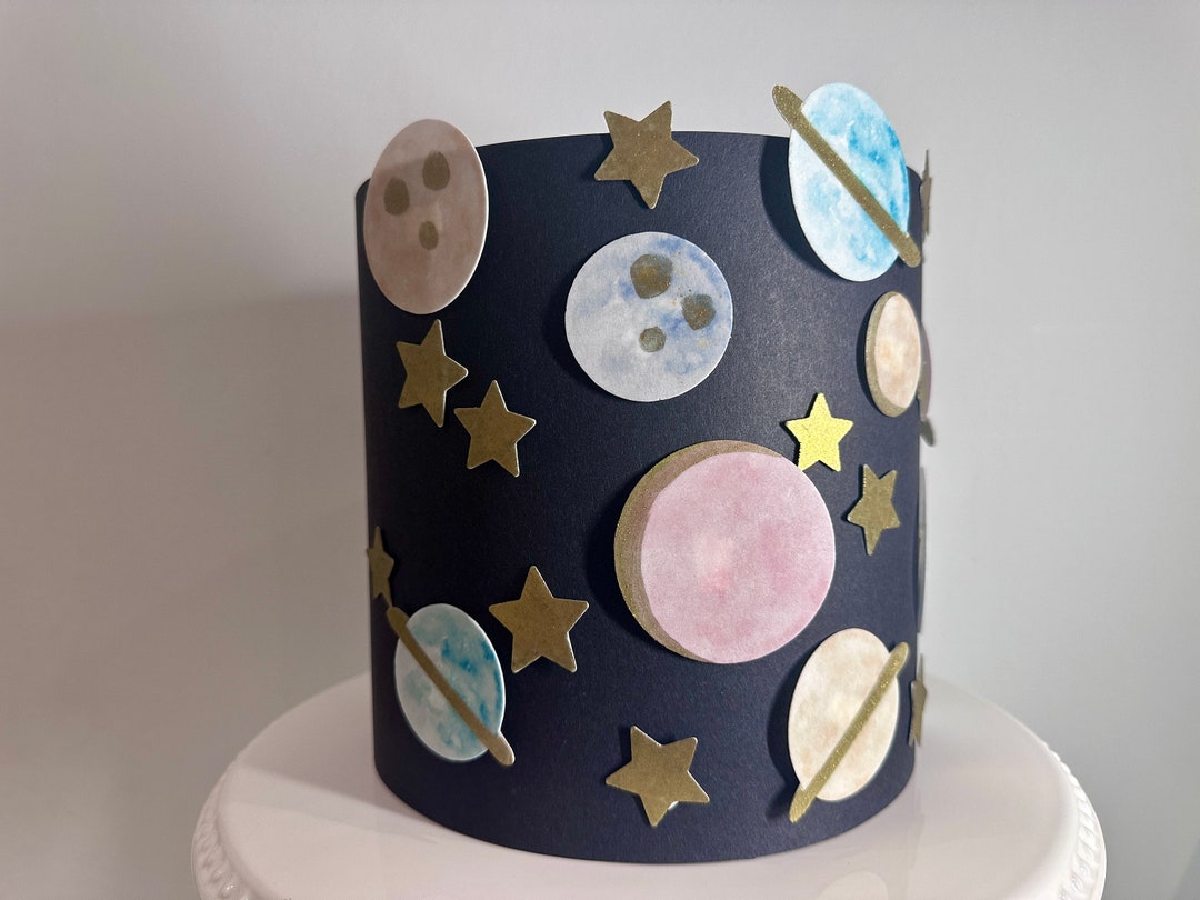 Edible Space Theme Planets and Stars Wafer Topper With Gold Accent ...