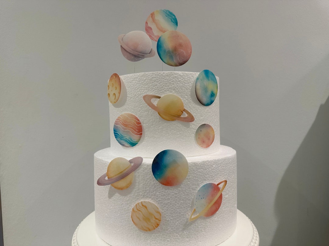 12 Edible Precut Space Theme Planets in Pastel Colours - Wafer Card ...