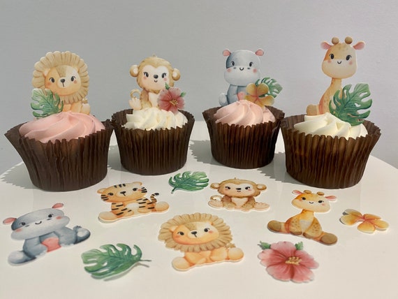 Edible Cute Safari Animals Wafer Topper With Flowers and - Etsy