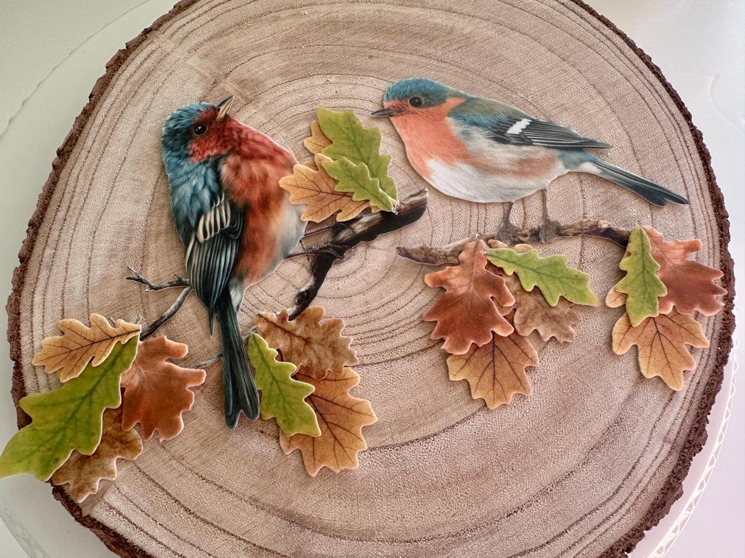 Robin Bird Cake Toppers: Autumn Oak Leaves Edible Wafer Set - Etsy