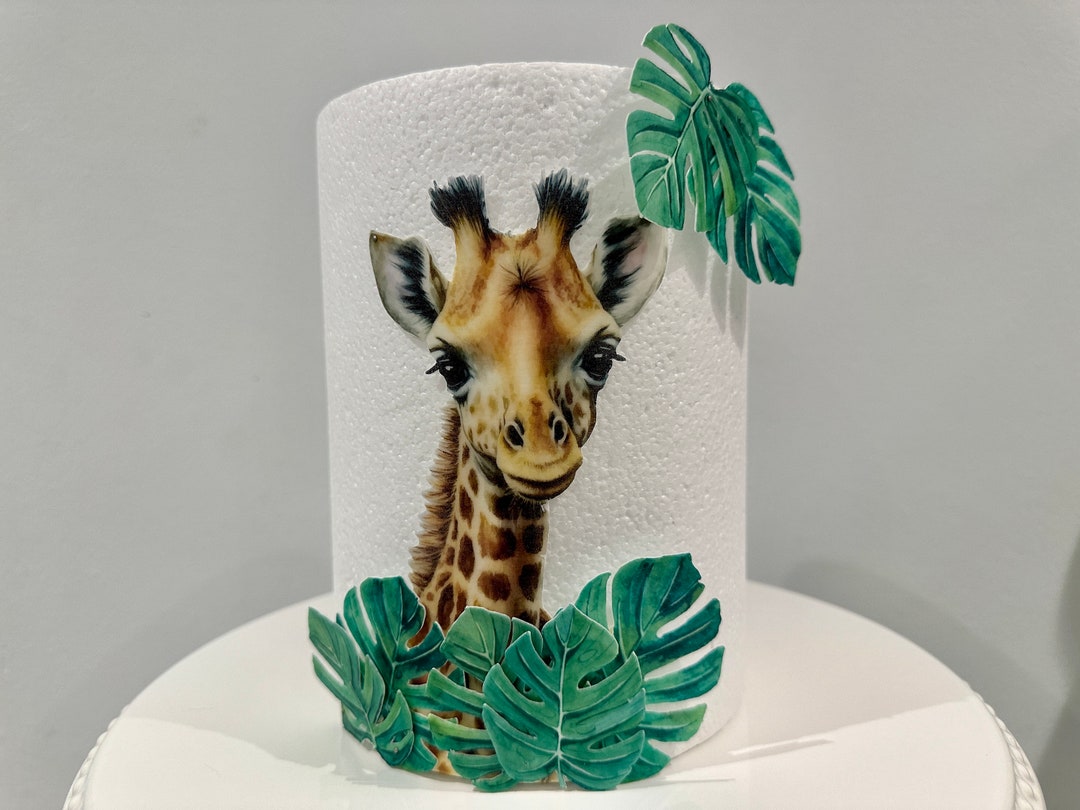 Precut Edible Giraffe and Tropical Leaves Wafer Topper - Edible Cake ...