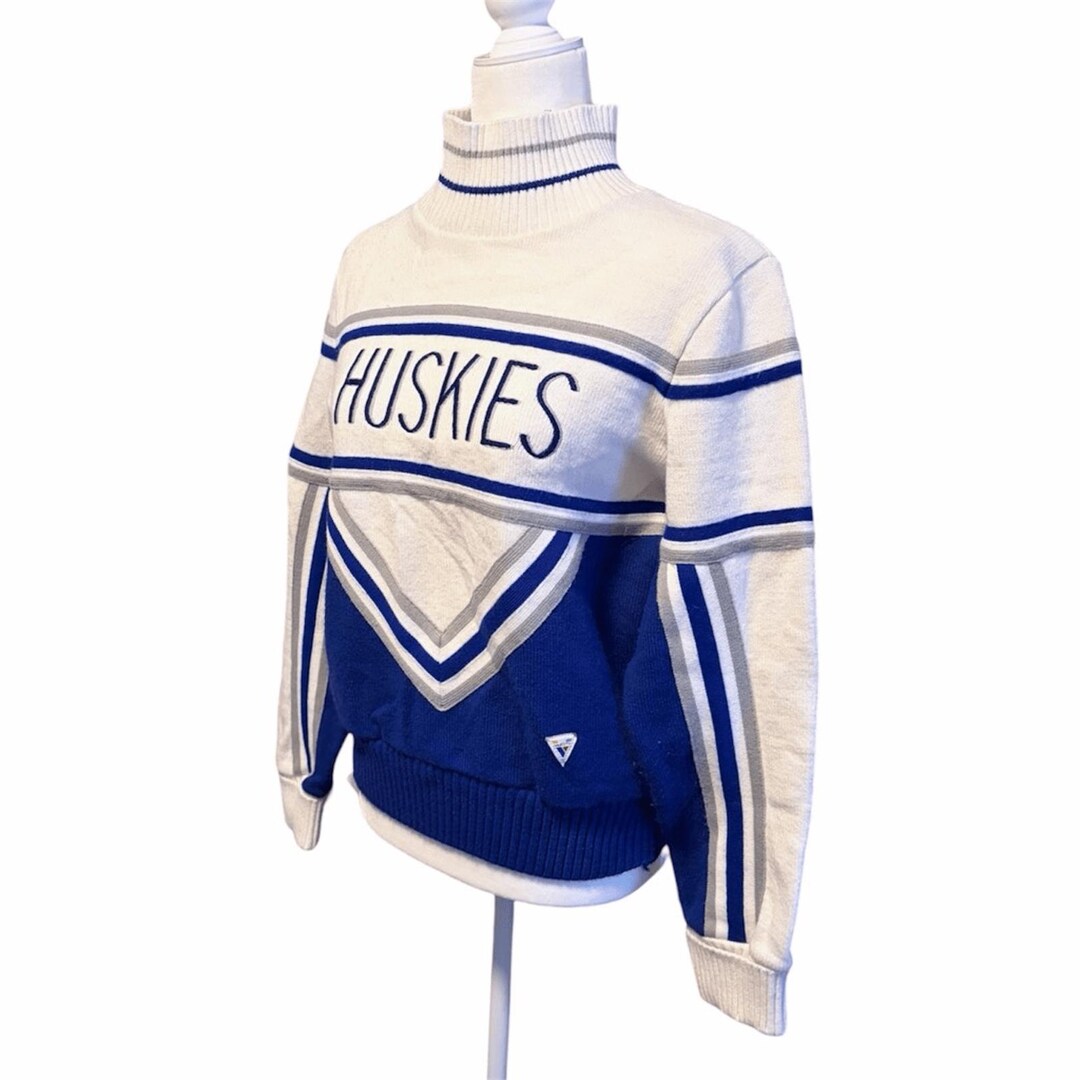 Vintage Varsity Cheerleading Sweater Collegiate Coed HUSKIES Blue White ...