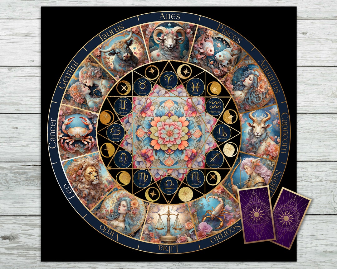 Tarot Altar Cloth With Zodiac Sign Symbols, Mandala Pattern. Celestial ...